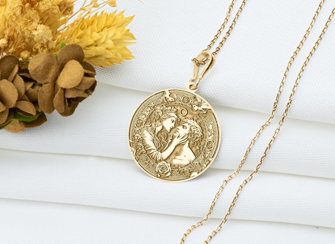 14k Solid Gold Cupid and Psyche Charm Necklace, Eros Silver Pendant ...