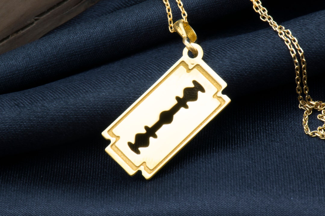 14k Solid Gold Razor Blade Charm Necklace, Razor Blade Silver Pendant ...