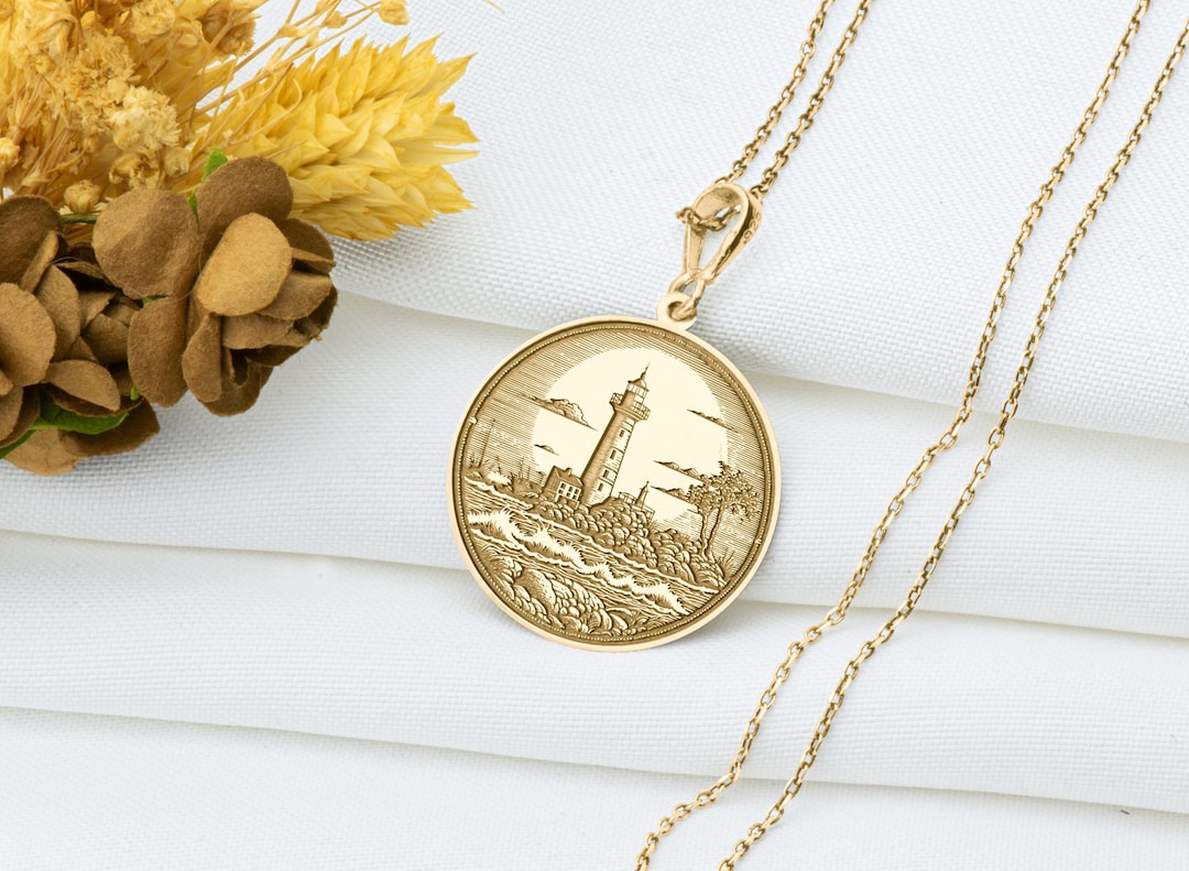 14k Solid Gold Lighthouse Charm Necklace, Lighthouse Silver Pendant ...
