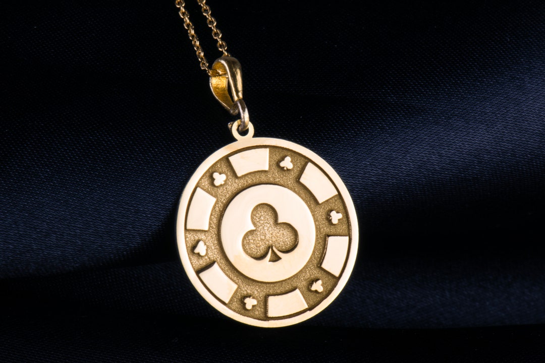 14k Solid Gold Clubs Suit Poker Chip Charm Necklace, Poker Chip Silver ...