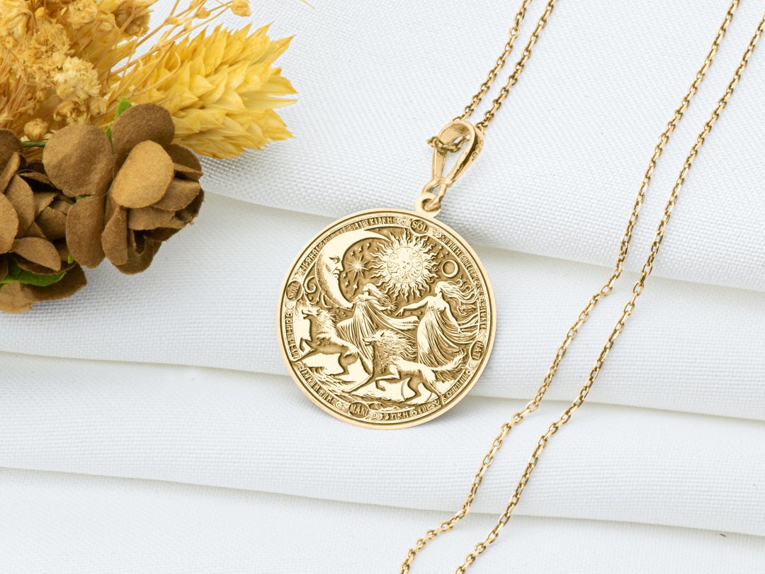 Sol and Mani Necklace – Norse Sun & Moon Deity Pendant, Sköll and Hati ...