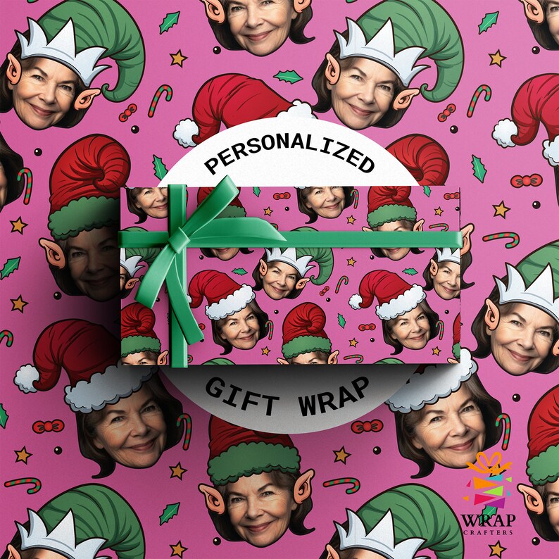 Custom Photo Christmas Gift Wrap Personalized Face Green Wrapping Paper ...