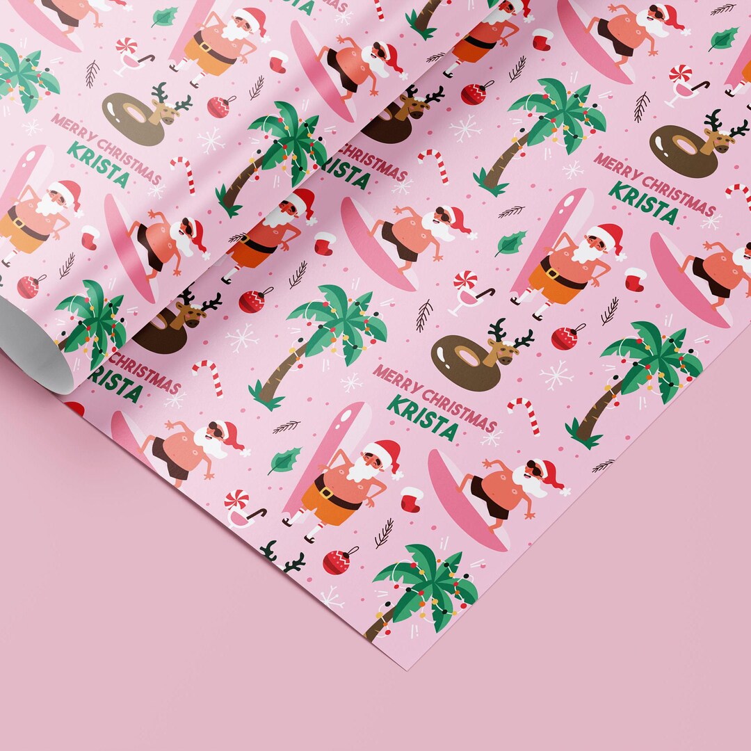 Personalized Pink Christmas Wrapping Paper | Custom Tropical Santa Gift ...