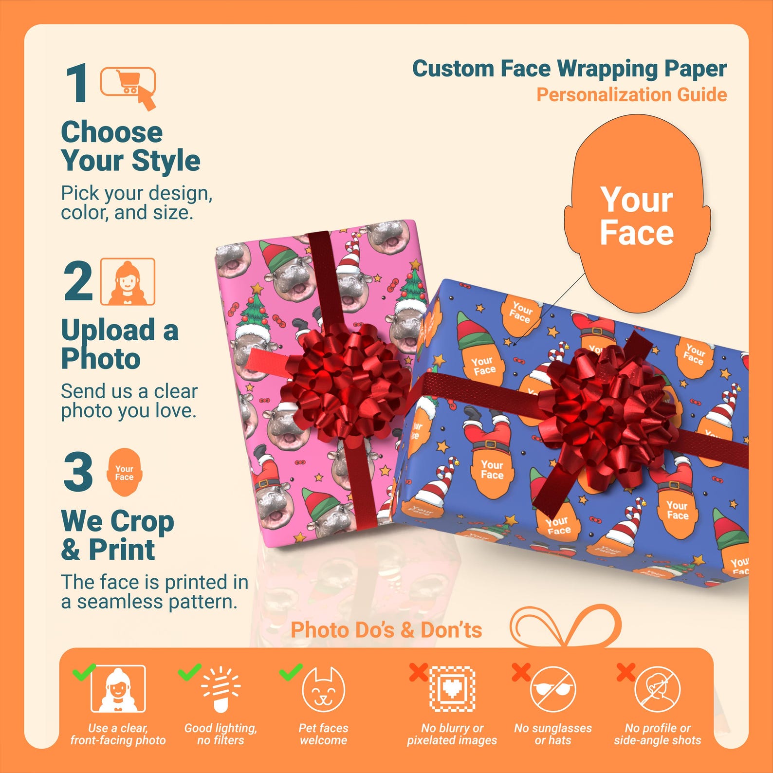 Personalized Face Christmas Wrapping Paper | Custom Photo Pink Gift ...
