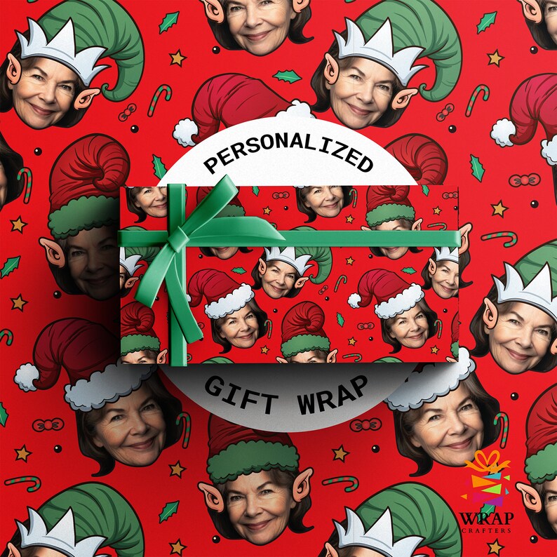 Custom Photo Christmas Gift Wrap Personalized Face Green Wrapping Paper ...