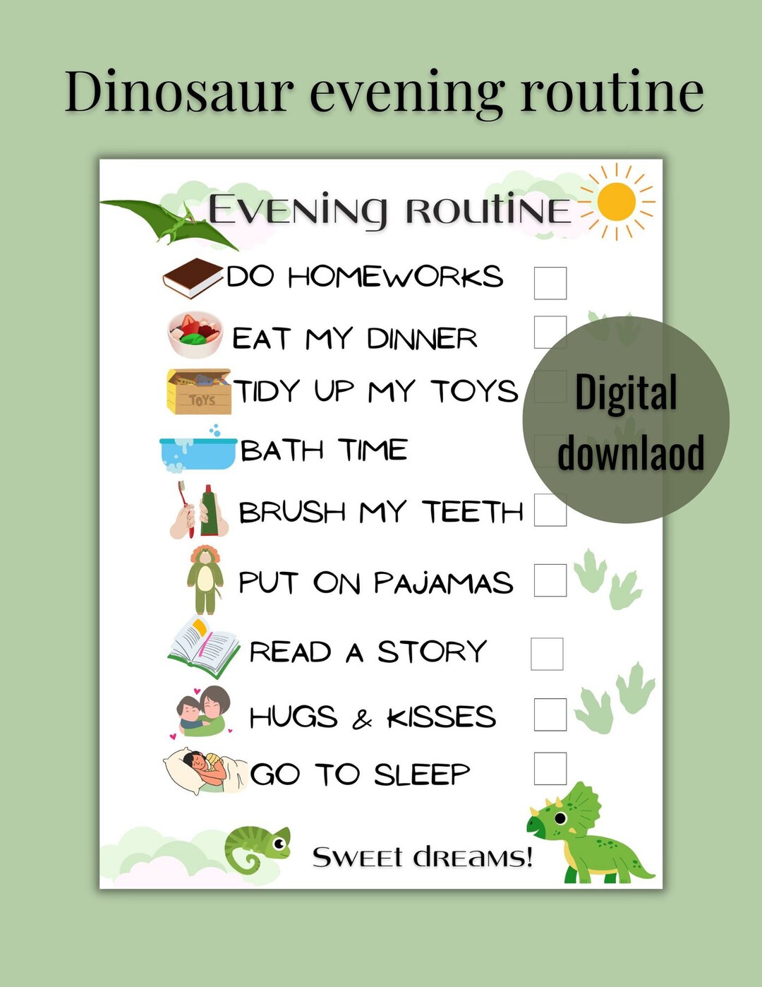 Printable Kids Evening Dinosaur Routine Schedule Chart / Kids - Etsy