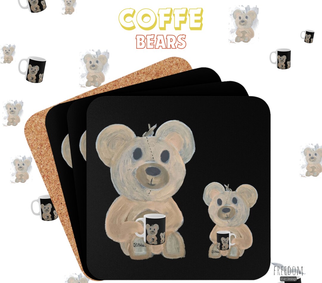 Artistic Bear Duo Coaster Set Handcrafted Illustrations by Federico ...
