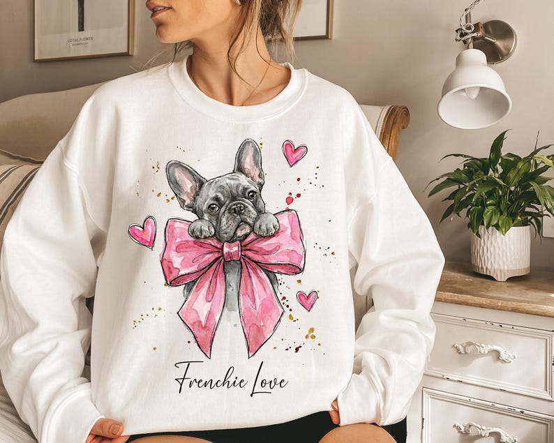 Coquette Frenchie PNG, Watercolor Grey French Bulldog Bow Sublimation ...