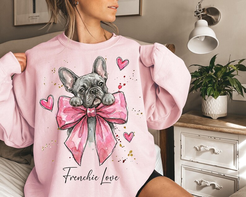 Coquette Frenchie PNG, Watercolor Grey French Bulldog Bow Sublimation ...