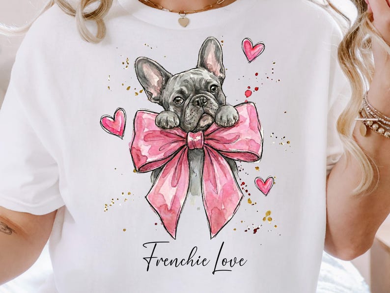 Coquette Frenchie PNG, Watercolor Grey French Bulldog Bow Sublimation ...