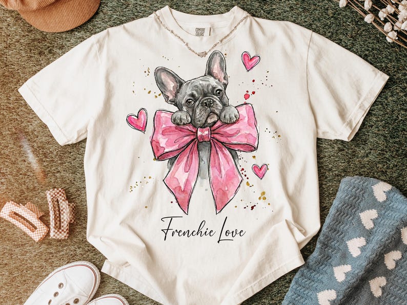 Coquette Frenchie PNG, Watercolor Grey French Bulldog Bow Sublimation ...