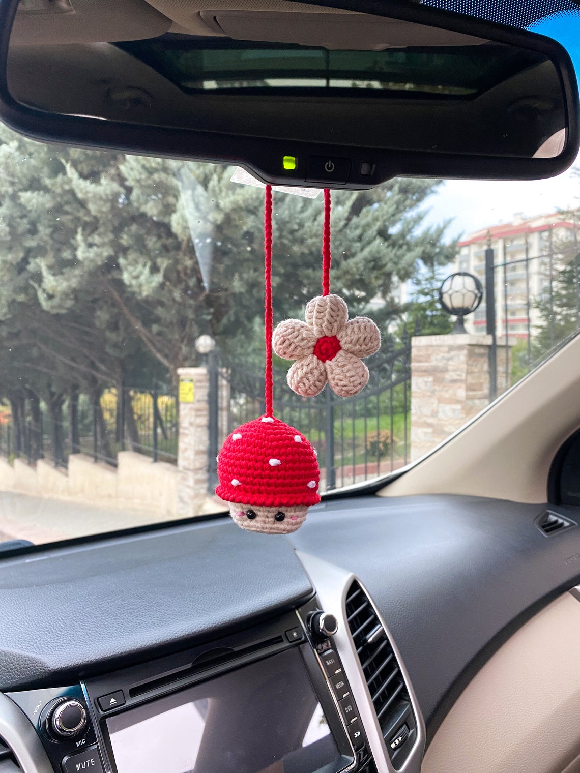 Crochet Hanging Mushroom Car Accessories, Rearview Mirror Car Ornaments ...
