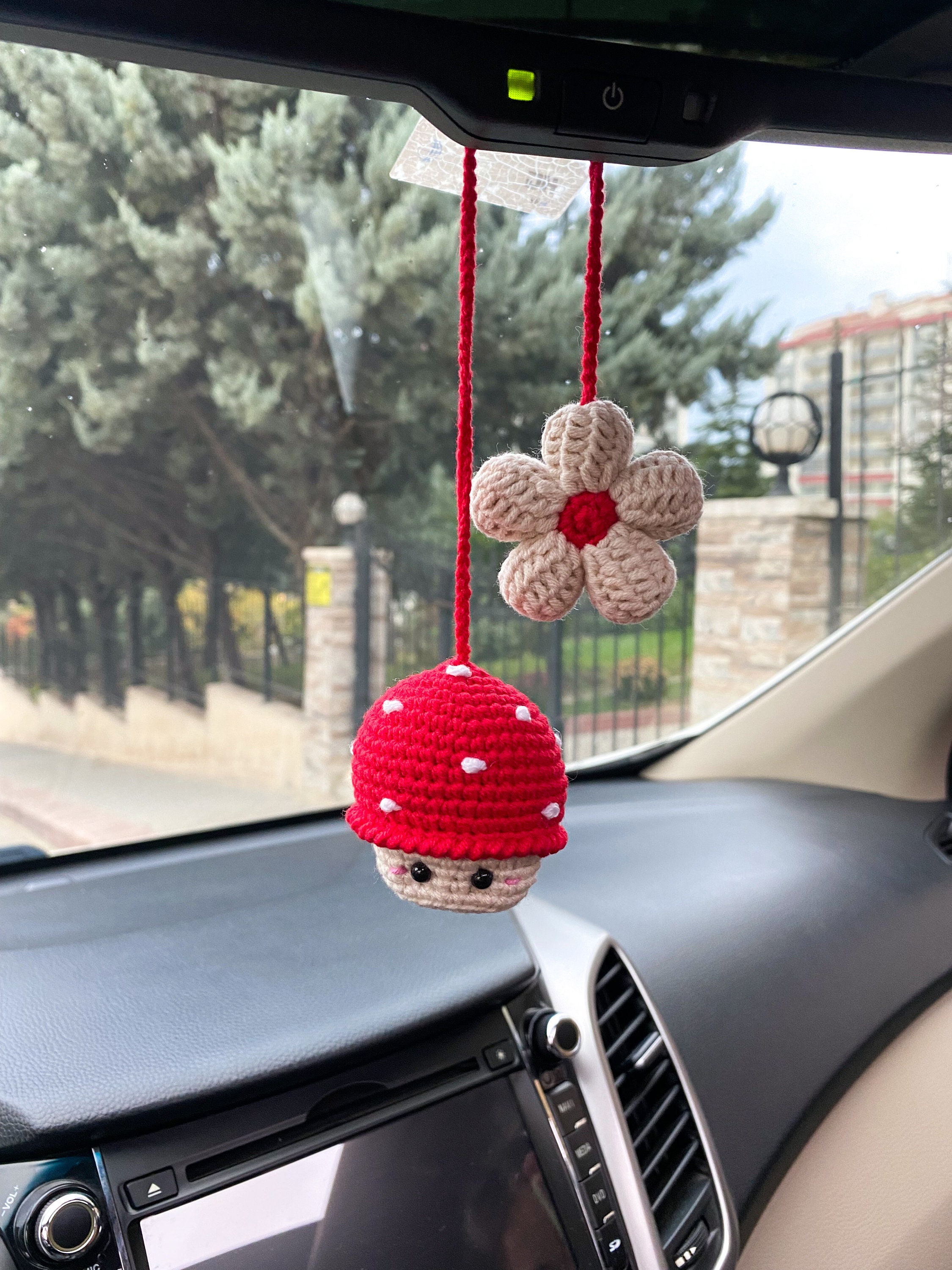 Crochet Hanging Mushroom Car Accessories, Rearview Mirror Car Ornaments ...