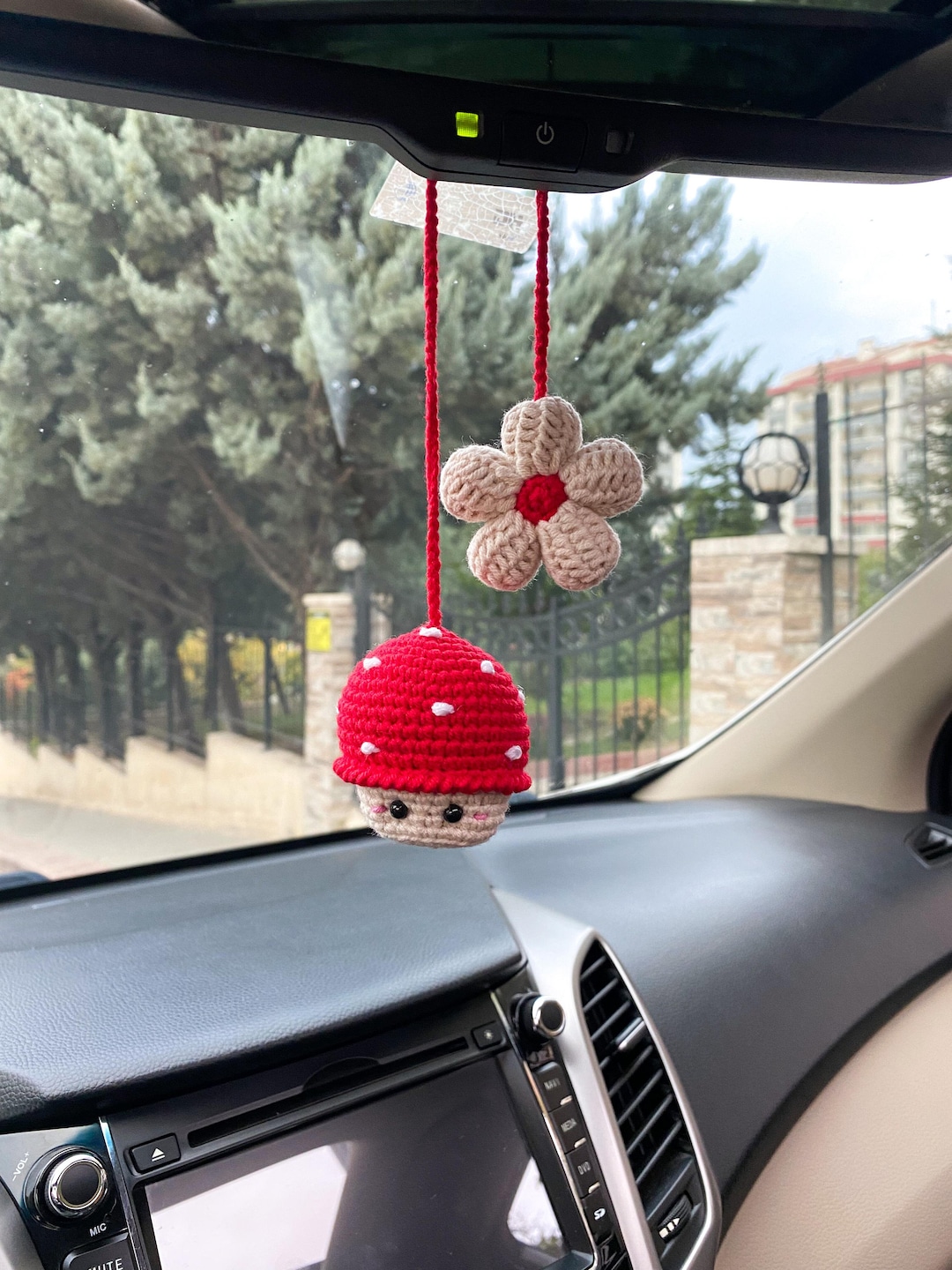Crochet Hanging Mushroom Car Accessories, Rearview Mirror Car Ornaments ...