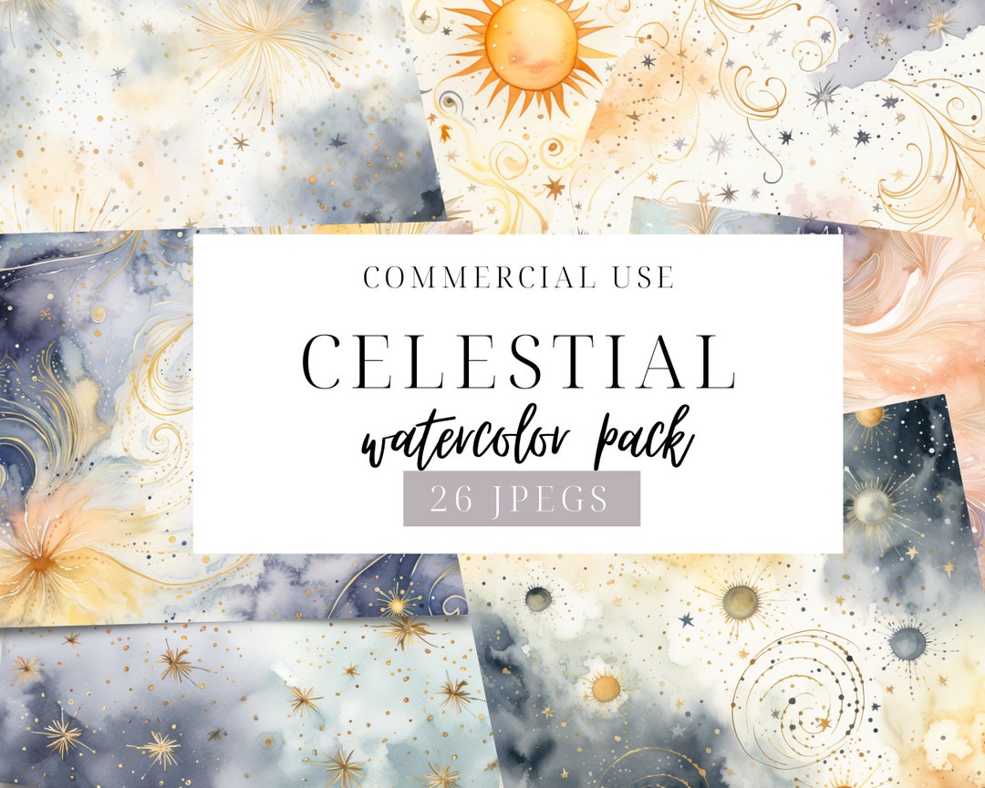 Celestial Backgrounds, Moon and Stars Digital Paper, Watercolor Cosmic ...