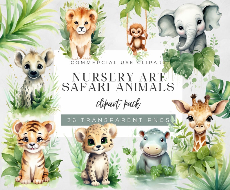 Watercolor Safari Animals PNG, Commercial Use, Safari Nursery Clipart ...