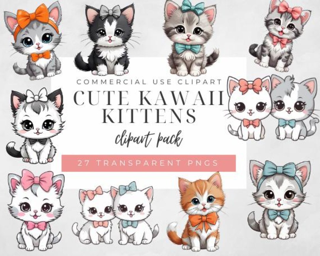 Kawaii Kitten Clipart Set, Cute Cat Clip Art, Kawaii Kitten With Bow ...