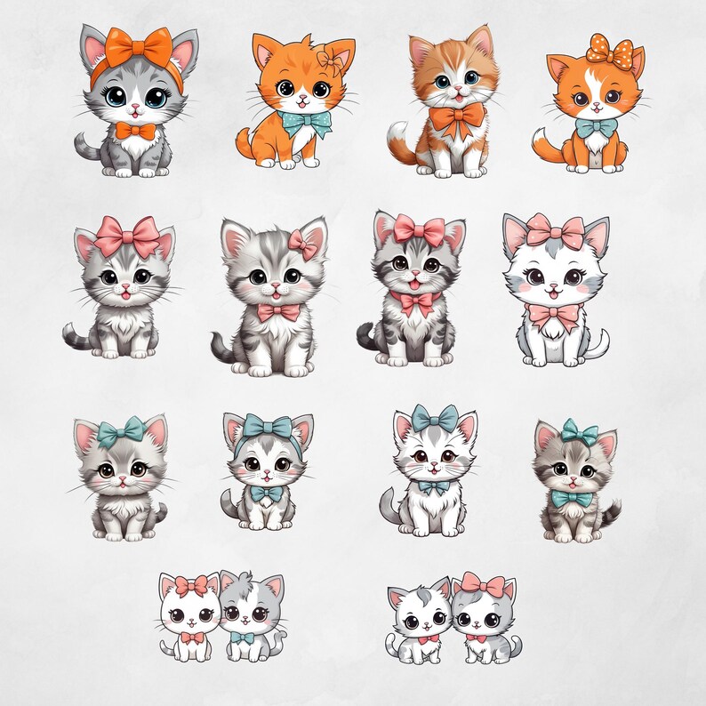 Kawaii Kitten Clipart Set, Cute Cat Clip Art, Kawaii Kitten With Bow ...