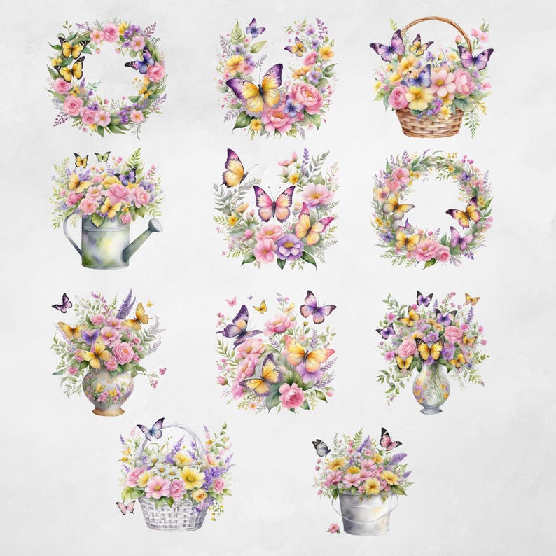 23 Watercolor Flowers and Butterfly Clipart, Watercolour Butterflies ...