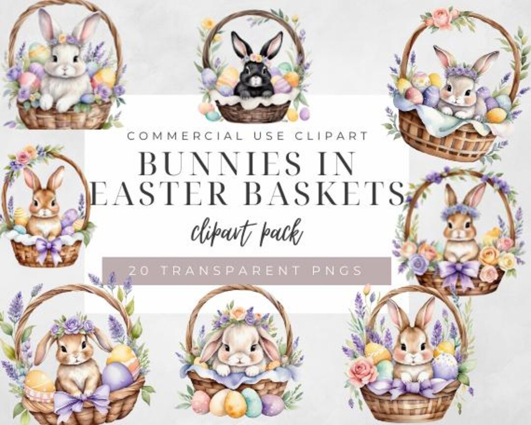 Watercolor Bunny in Easter Basket Clipart, Watercolour Spring Clip Art ...