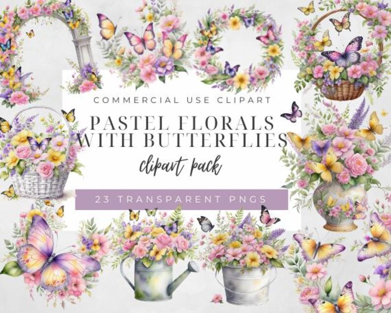 23 Watercolor Flowers and Butterfly Clipart, Watercolour Butterflies ...