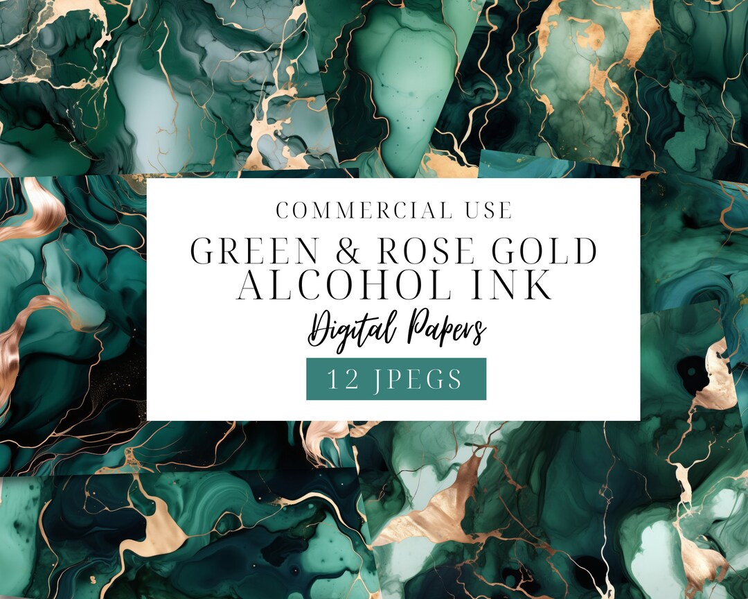 Alcohol Ink Digital Paper, JPEG Pattern, Green and Rose Gold Alcohol ...
