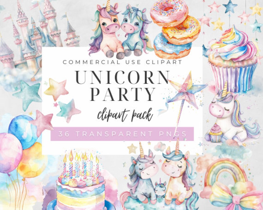 Cute Unicorn Party Clipart, Unicorn Birthday PNG, Commercial Use, Kid ...