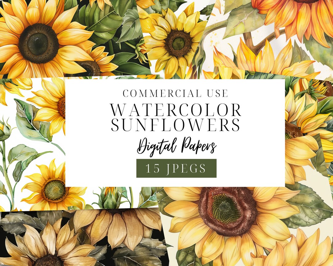 Watercolor Sunflower Digital Paper, Watercolour Floral Background ...