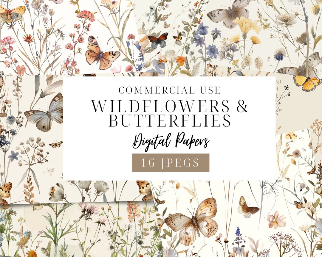 Watercolor Wildflowers Digital Papers, Watercolour Butterflies ...