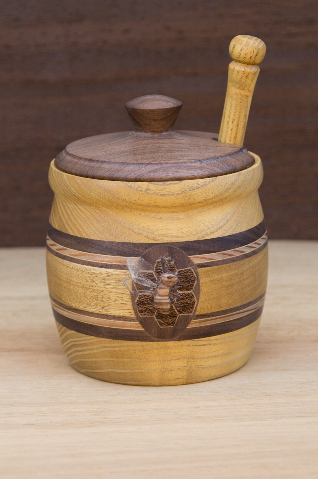 Wooden Honey Pot With Bee Wooden Inlay, Honey Jar, 0.5 Kg Honey, Wood ...