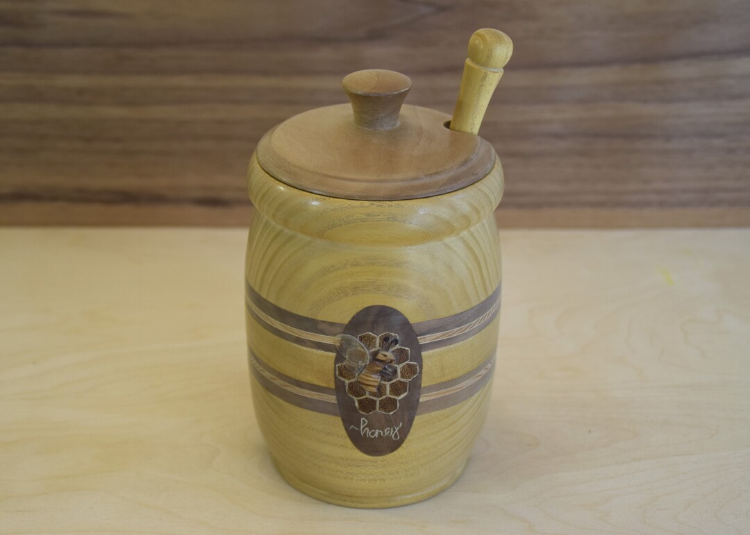 Large Wooden Honey Pot With Bee Wooden Inlay, Honey Jar, up to 1 Kg ...