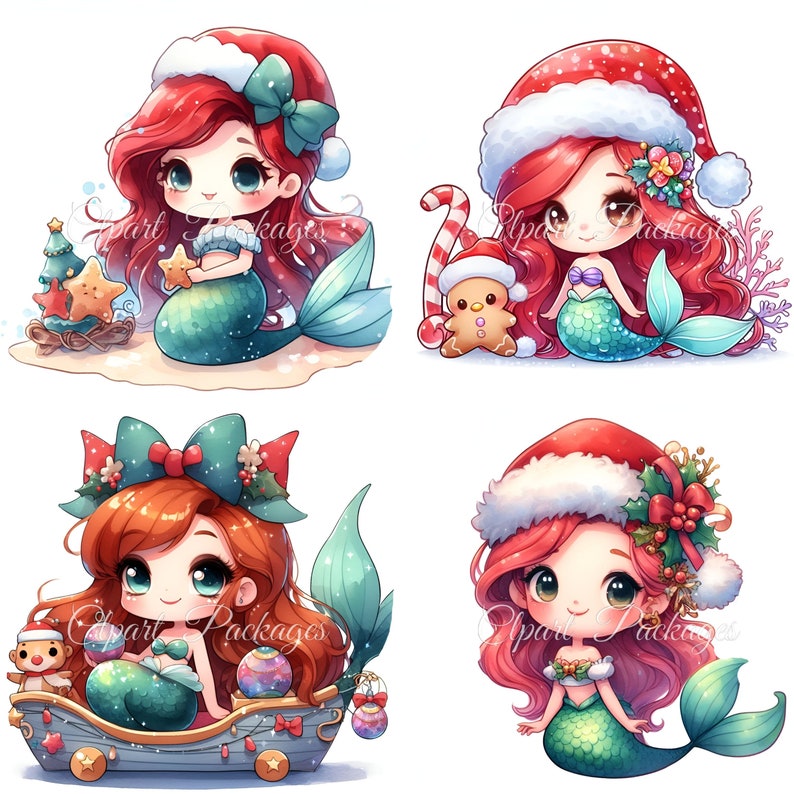 Christmas Little Mermaid Clipart 8 PNG Digital Images for for Holiday ...