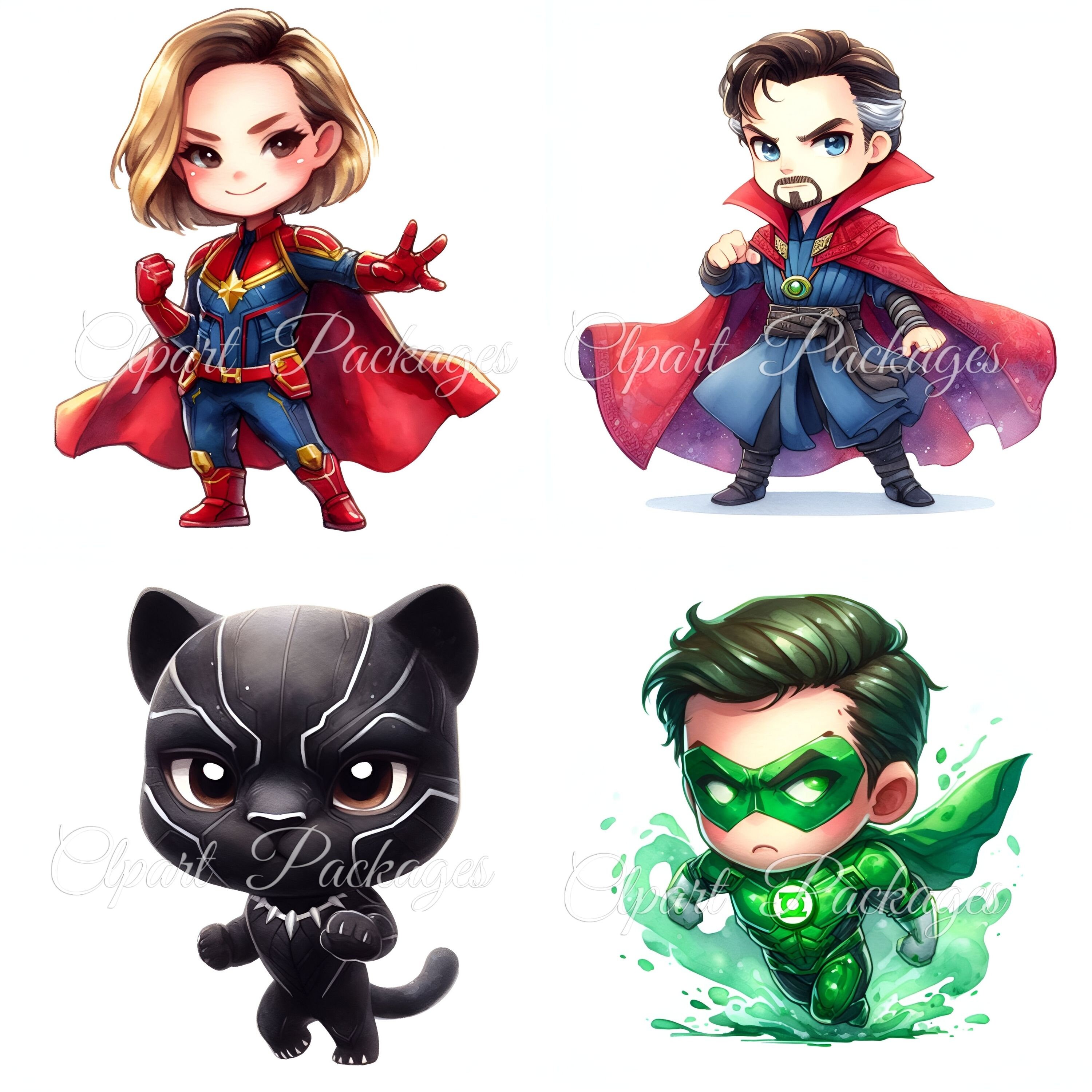 Chibi Style Super Hero Watercolor Cute Clipart Set of 16 High ...