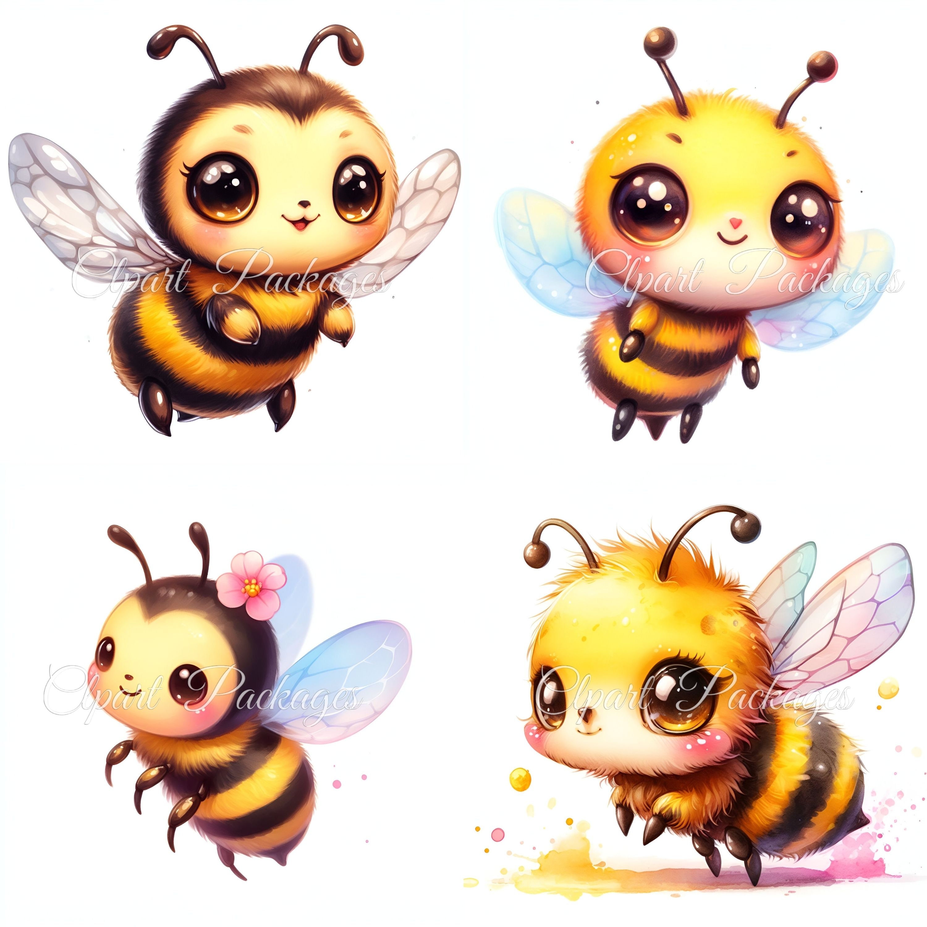 Cute Bee 16 PNG Bundle Watercolor Chibi Style, Bee Clipart, Digital ...