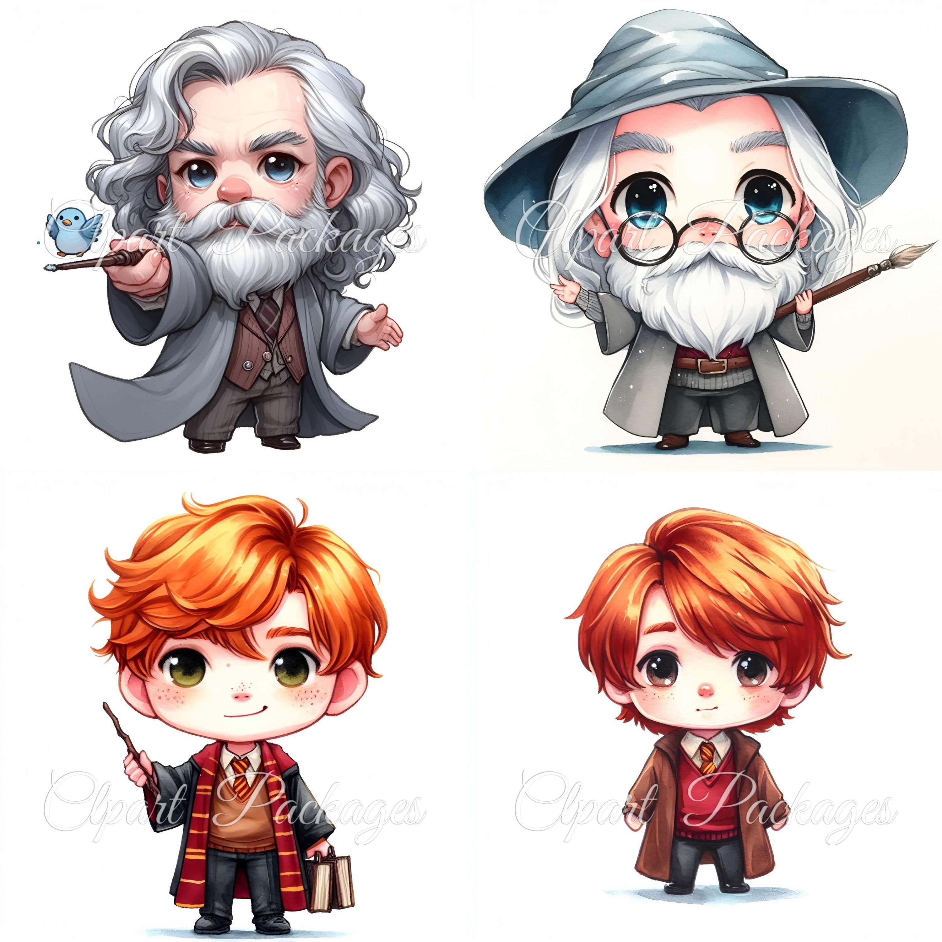 Chibi Wizard School Clipart, Watercolor Cute Witch Illustration Sticker ...