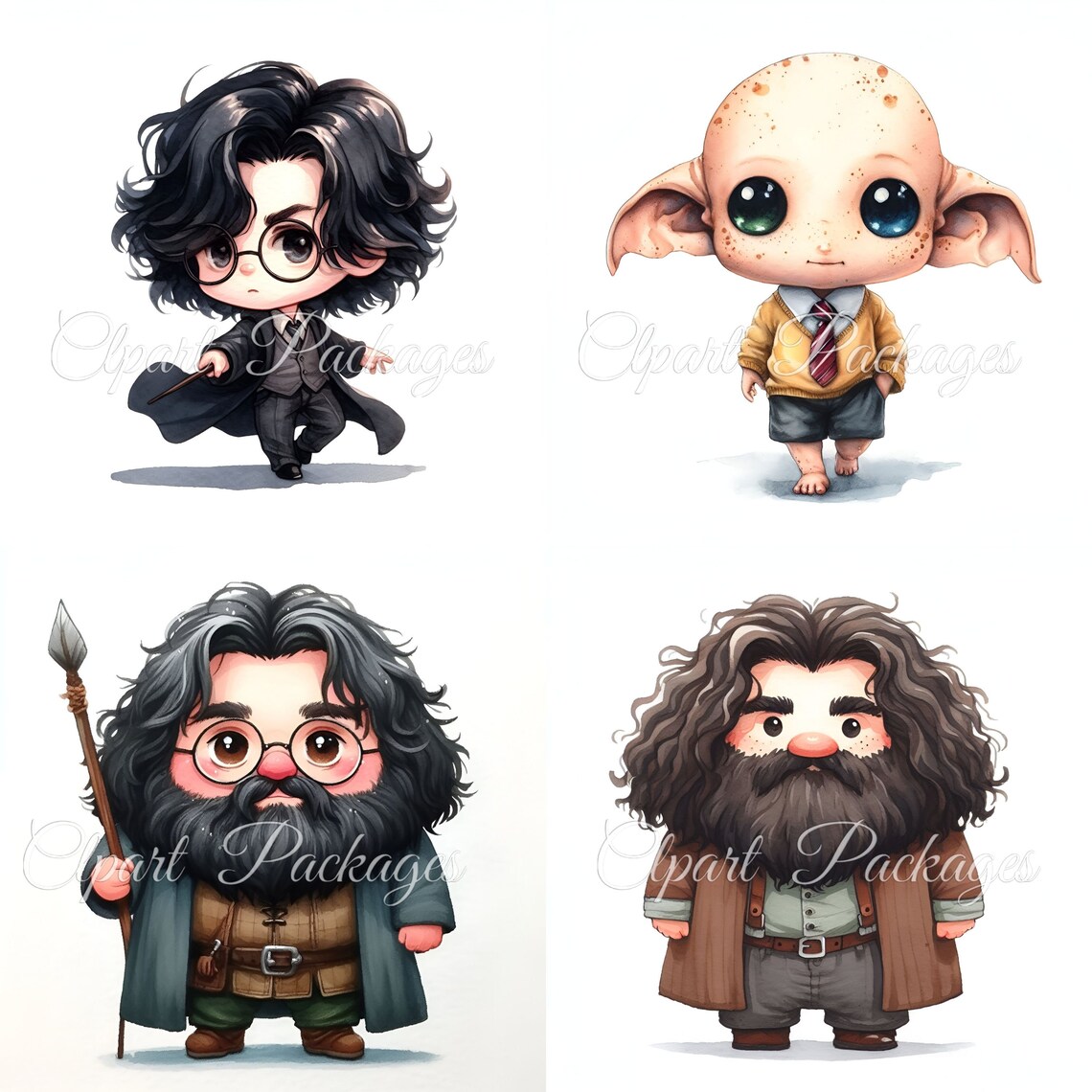 Chibi Wizard School Clipart, Watercolor Cute Witch Illustration Sticker ...