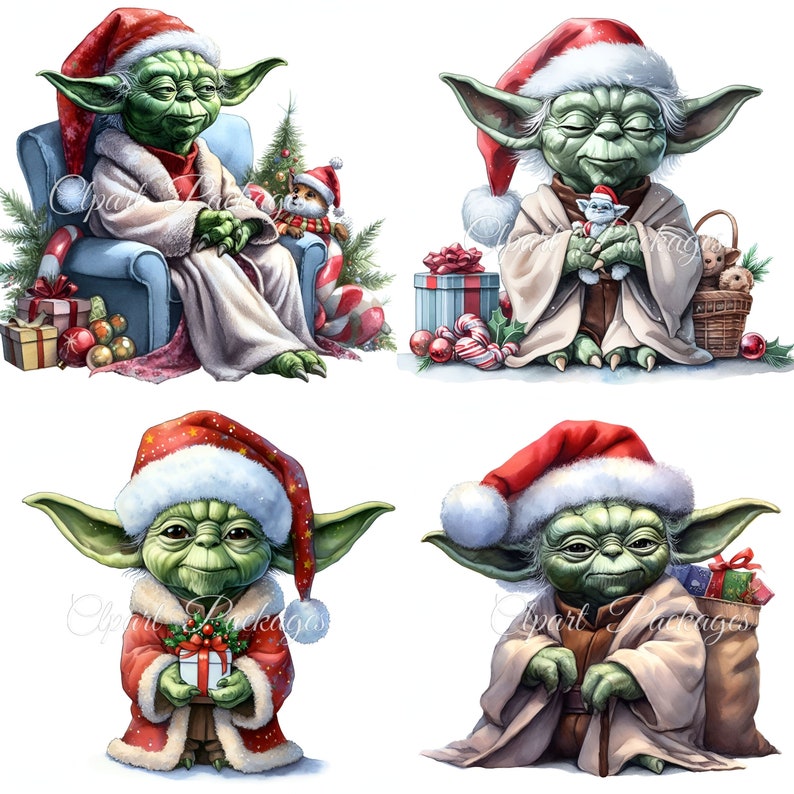 Christmas Yoda Clipart - Set of 8 PNG Digital Images for Holiday ...
