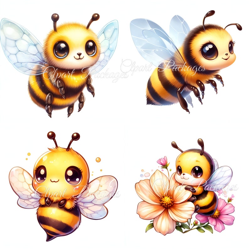Cute Bee 16 PNG Bundle - Watercolor Chibi Style, Bee Clipart, Digital ...