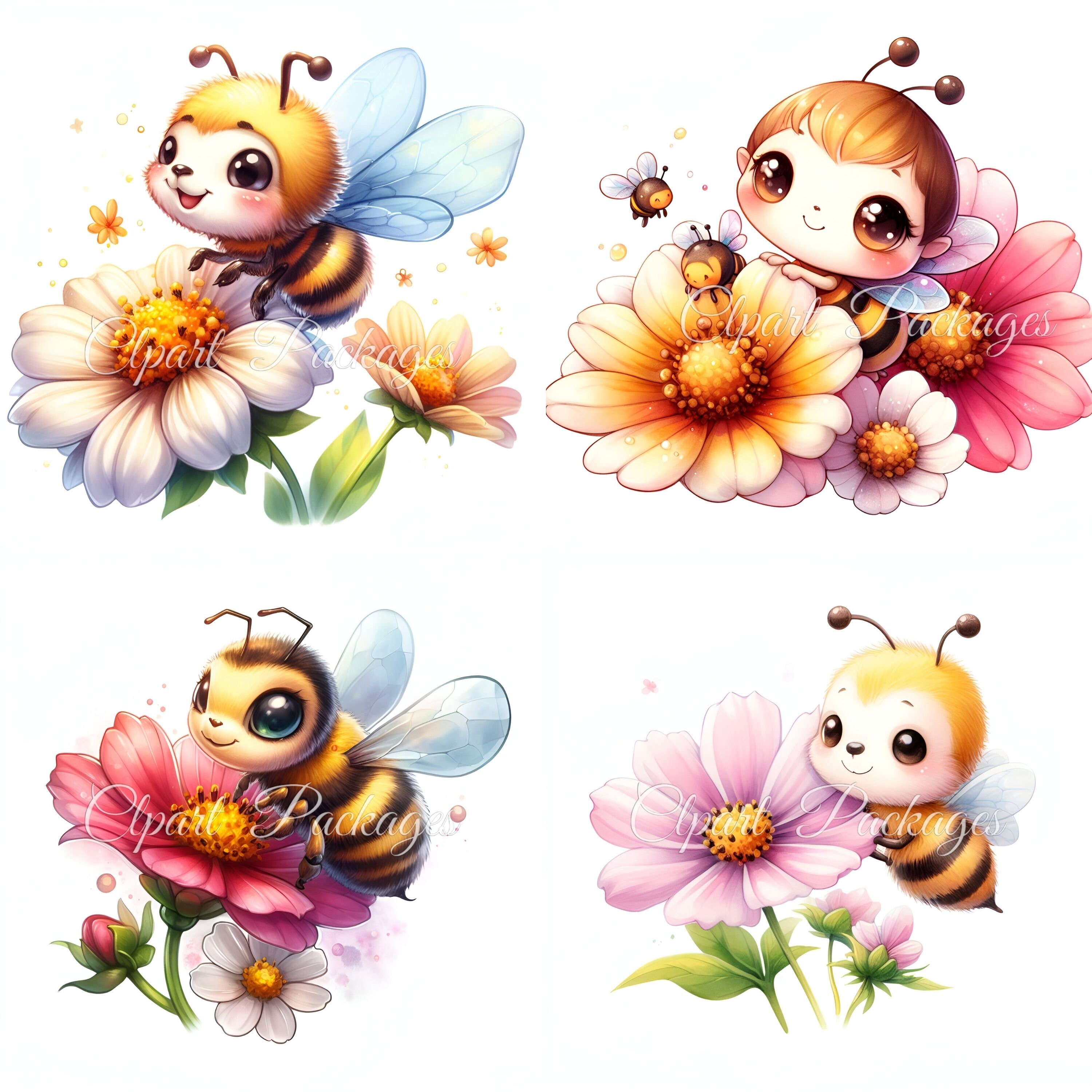 Cute Bee 16 PNG Bundle Watercolor Chibi Style, Bee Clipart, Digital ...