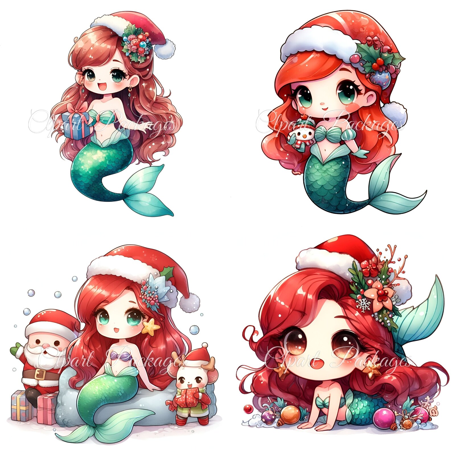 Christmas Little Mermaid Clipart 8 PNG Digital Images for for Holiday ...