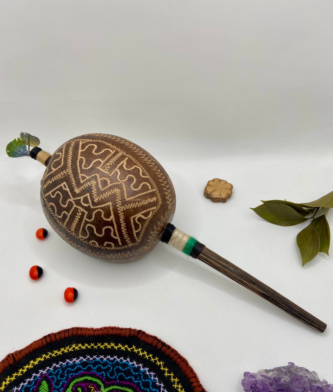 Engraved Shipibo Pattern Maraca With Parrot Feathers Traditional ...