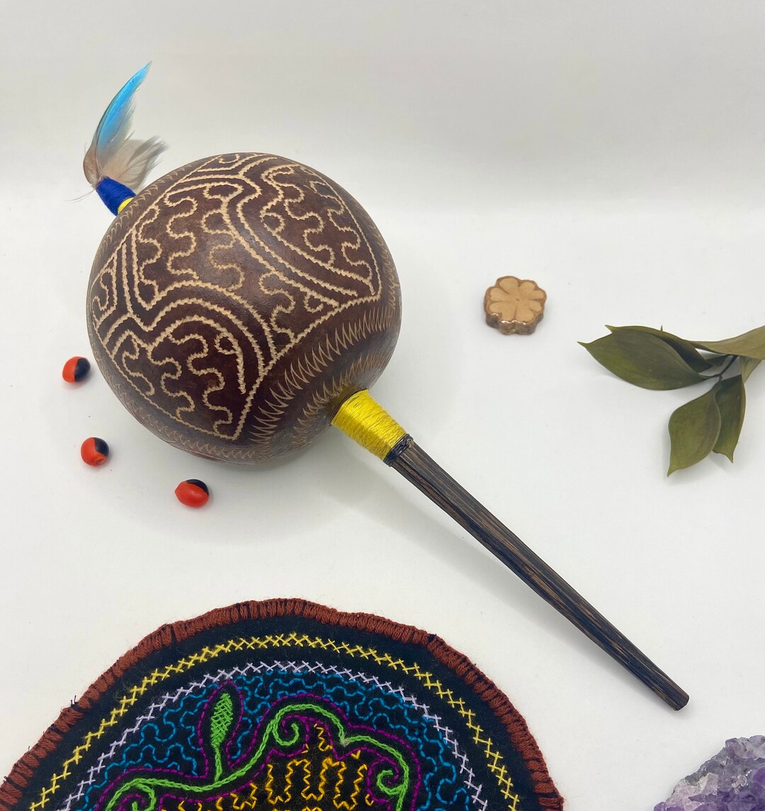 Engraved Shipibo Pattern Maraca With Parrot Feathers Traditional ...