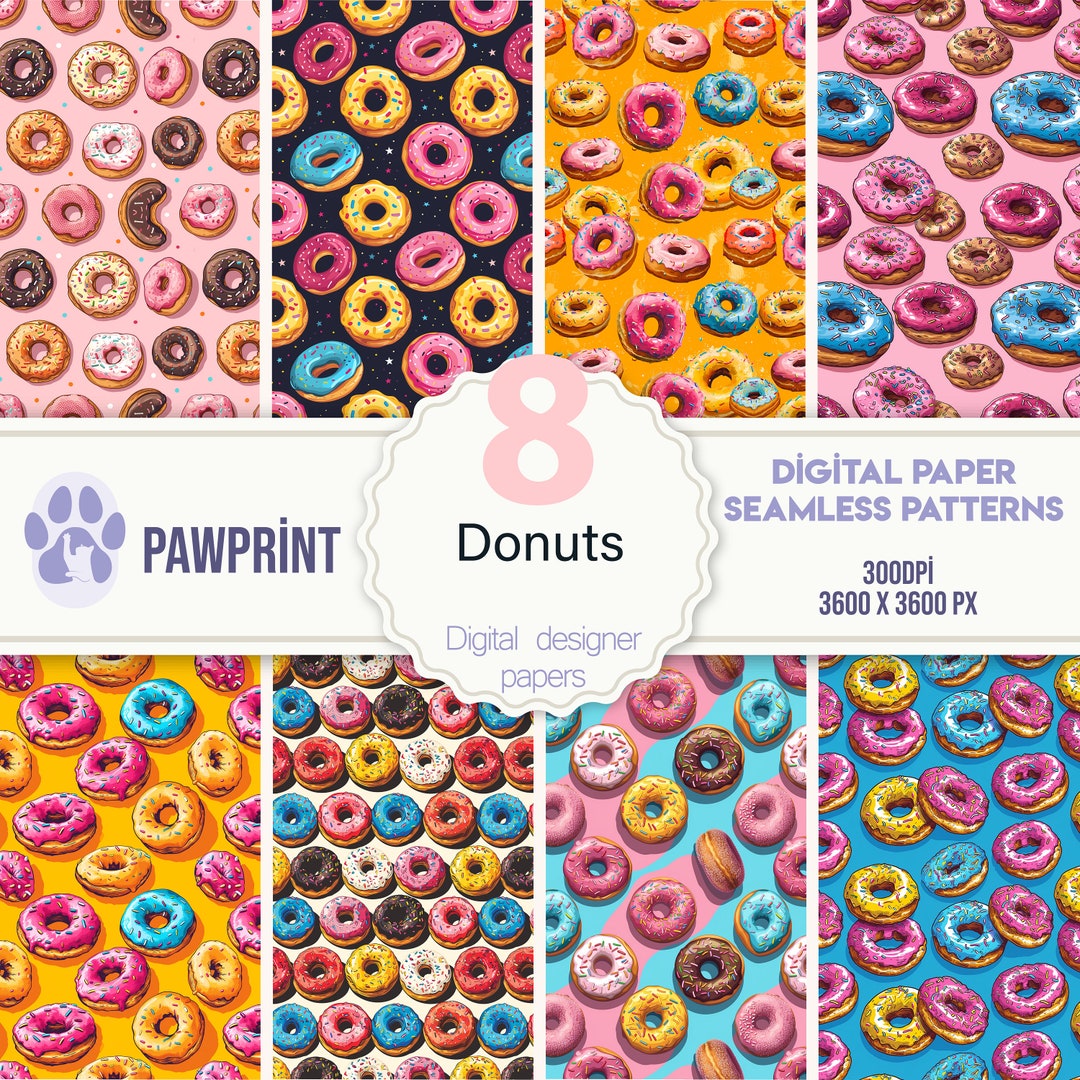 Donuts Digital Paper, Vintage, Printable, Seamless Pattern ...
