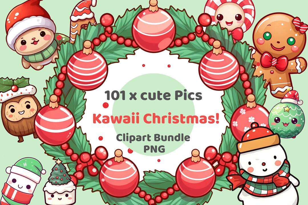Kawaii Christmas! 101 Christmas Clip Art, Kawaii Clipart PNG Bundle ...