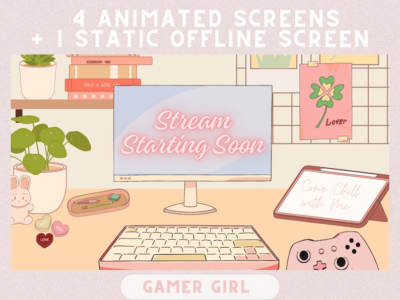 4 Animated Twitch Streaming Screens | Gamer Girl Desk | Twitch ...