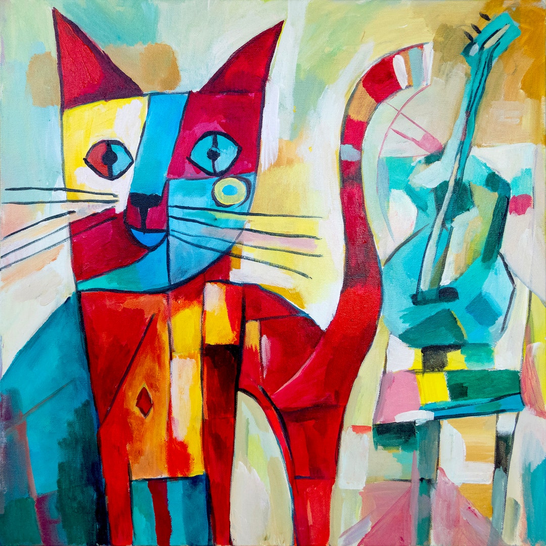 Colorful Cubist Cat Art Print | Modern Whimsical Home Decor - Etsy