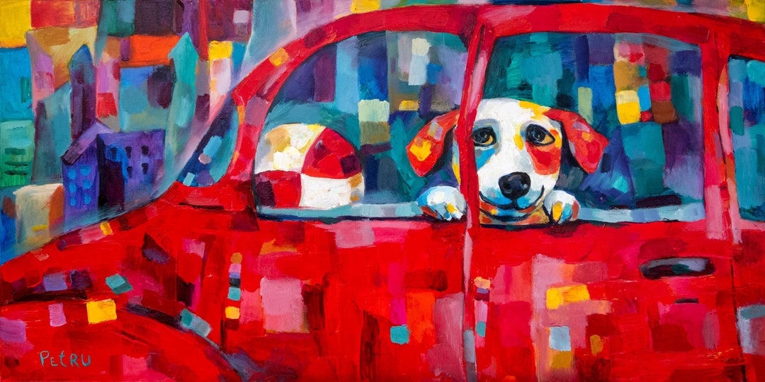 Cubist Dog Art Print | Abstract Urban Pet in Red Car - Etsy