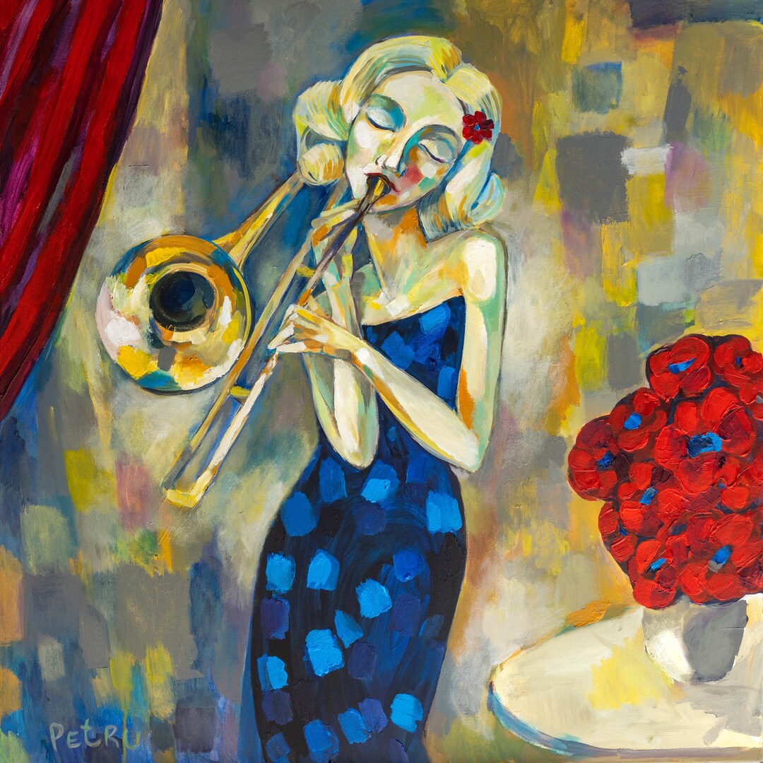Blue Trombone Painting, Original Jazz Art on Canvas (36x36 - Etsy