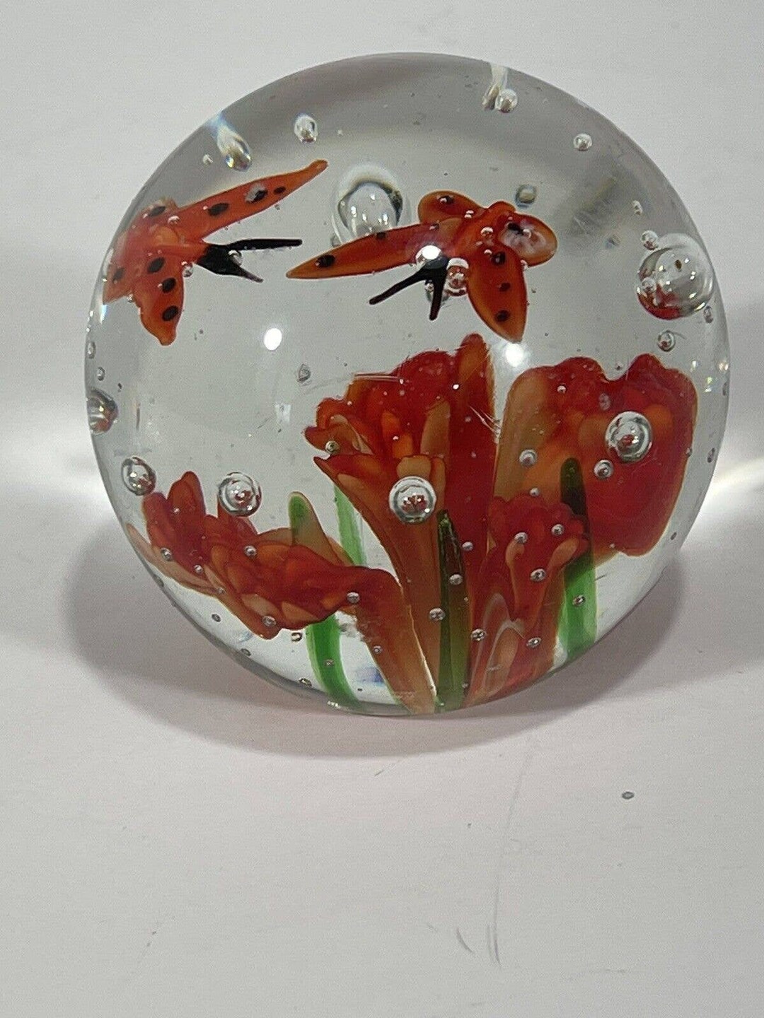 Paperweight Hand Made Hand Blown Art Glass Butterflies Flowers Red 2.5 ...
