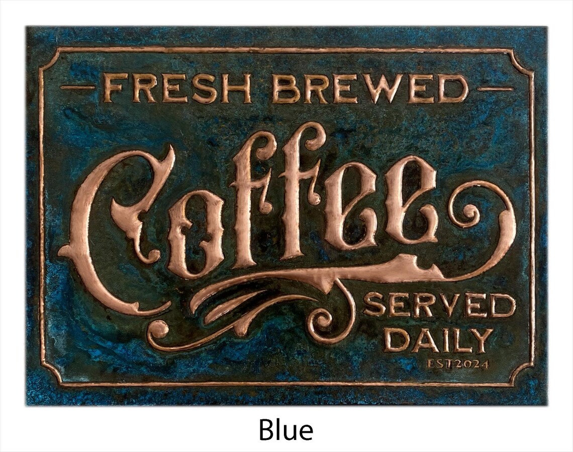 Blue Patina Copper Coffee Sign: Hand Hammered Rustic Kitchen Decor - Etsy